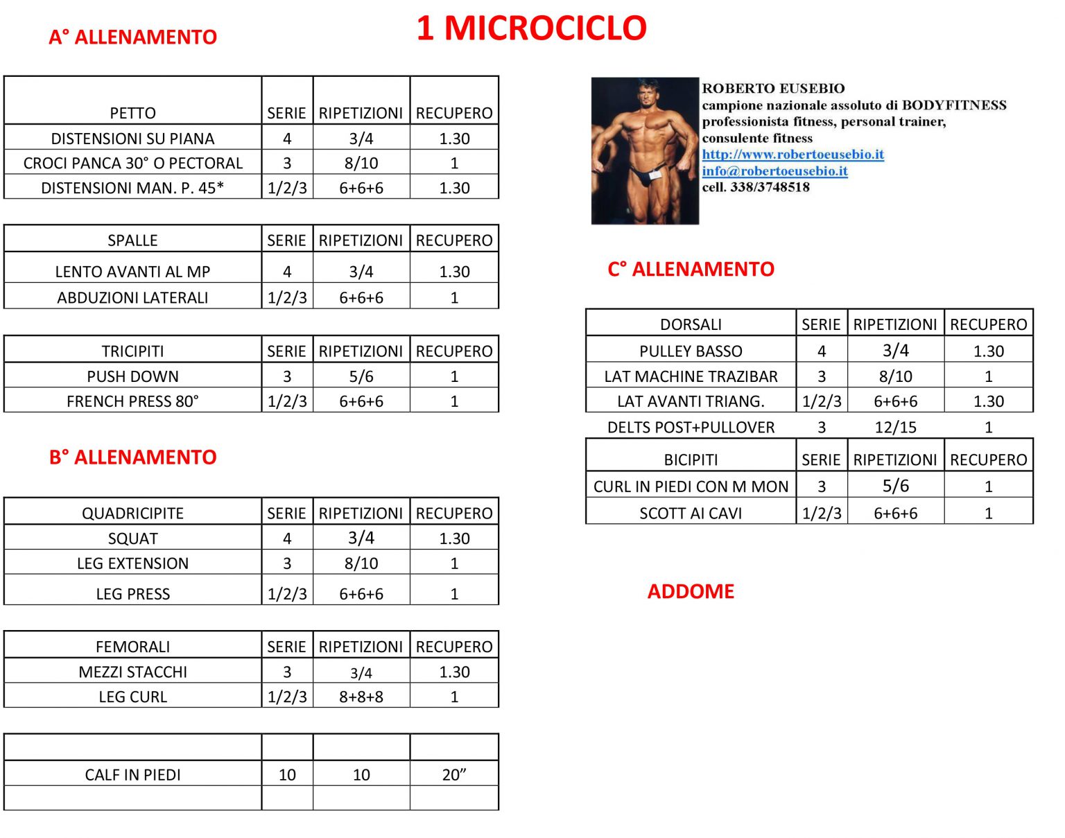Esempio di tabella per lo sviluppo della massa muscolare
